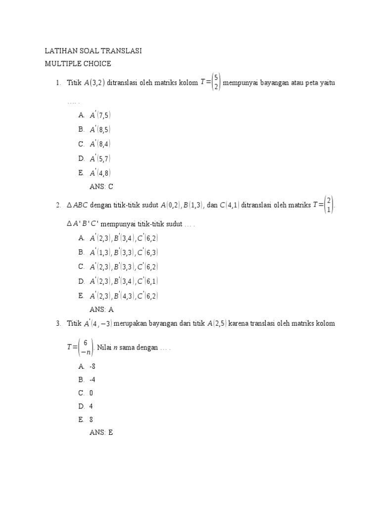 Latihan Soal Translasi Kelas 12 | PDF