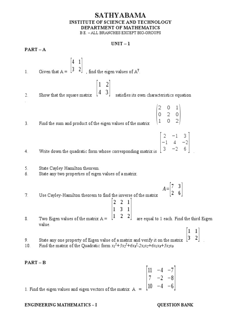 Question Bank Smta1101 | PDF | Eigenvalues And Eigenvectors | Matrix (Mathematics)