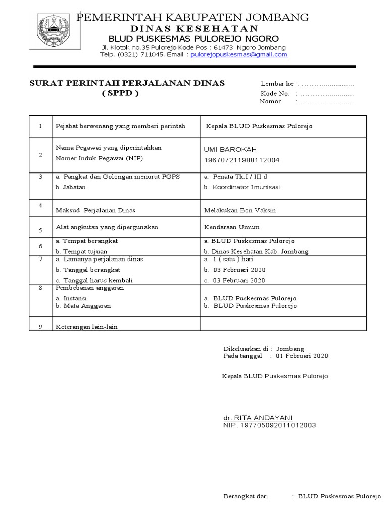 SPPD Perjalanan Dinas Puskesmas Jombang | PDF | Pengembangan Diri | Kesehatan Holistik