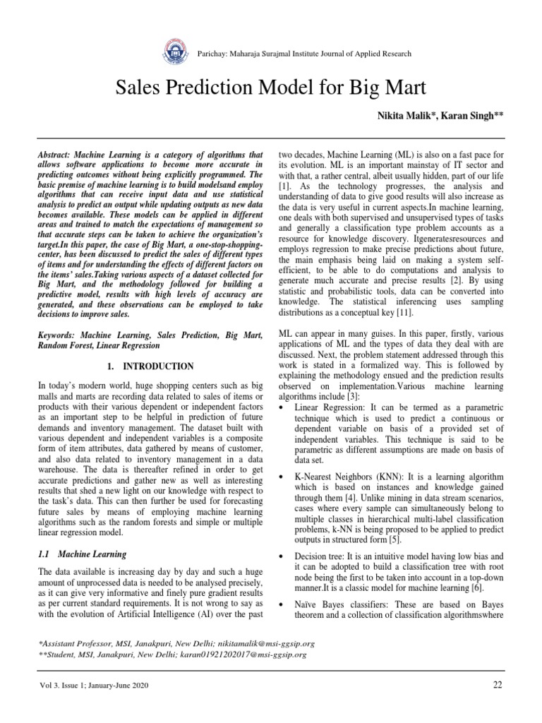 Sales Prediction Model For Big Mart: Parichay: Maharaja Surajmal ...