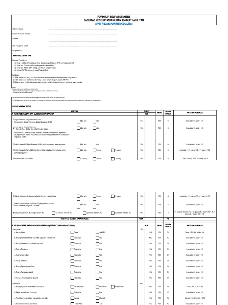 Self Assesment Unit Hemodialisa FKRTL | PDF
