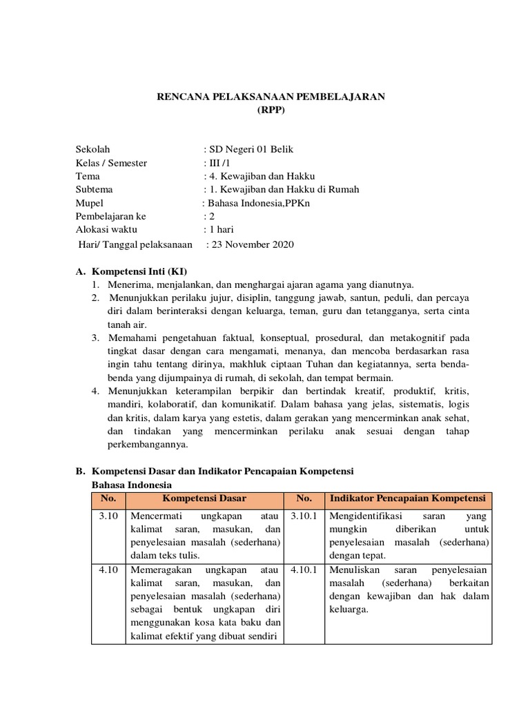 Catur Prasetyo - RPP 2 Kelas 3 Tema 4 Sub Tema 1 PB 2 | PDF | Karier & Perkembangan | Seni ...