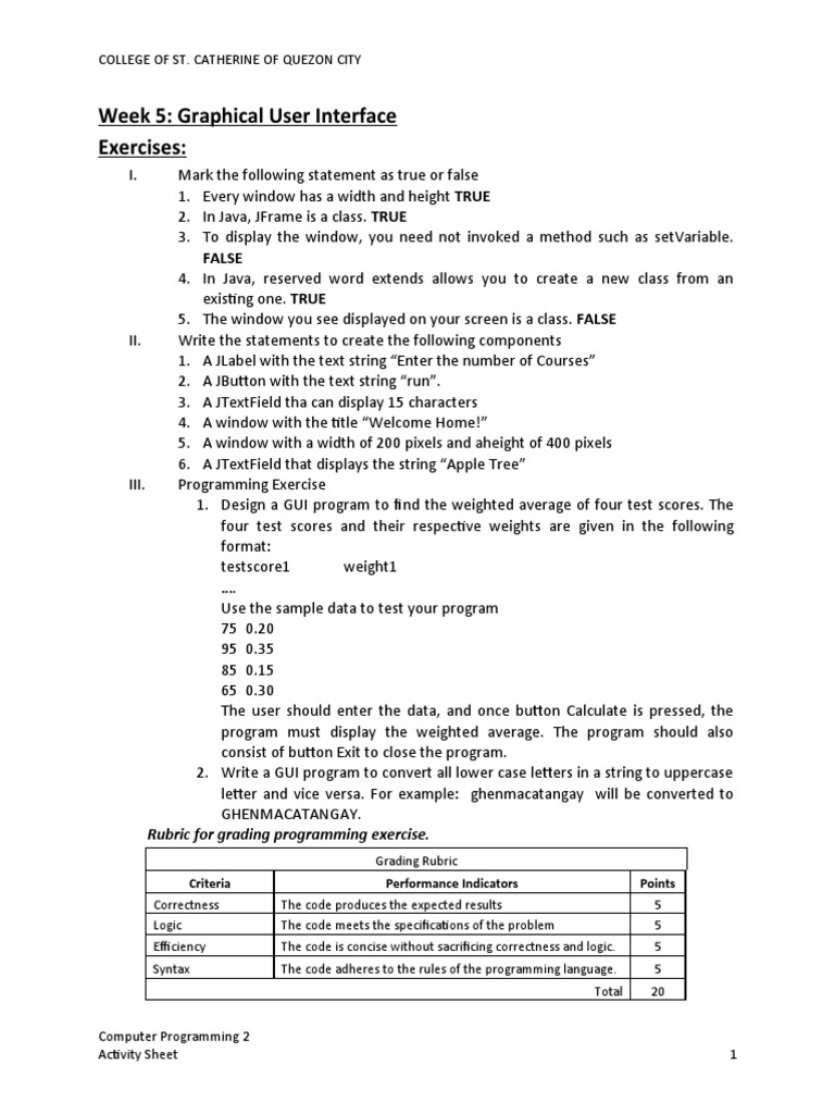 Week 5 Graphical User Interface Exercises False Pdf Graphical User Interfaces Computer
