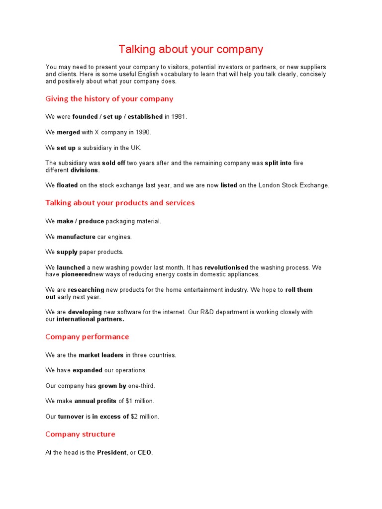 Essential Vocabulary for Company Presentations | PDF