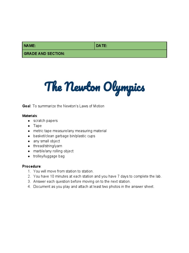 The Newton Olympics: Name: Date: Grade and Section | PDF | Force ...