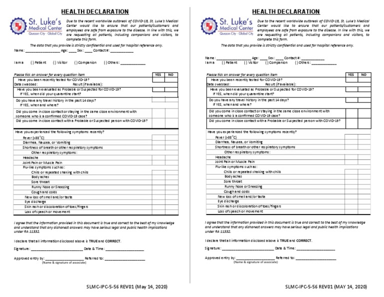 SLMC Health Declaration Form | PDF | Common Cold | Health Sciences