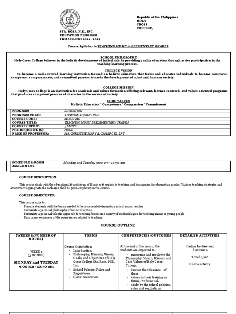 Teaching Music Syllabus for Elementary Grades | PDF | Test (Assessment ...