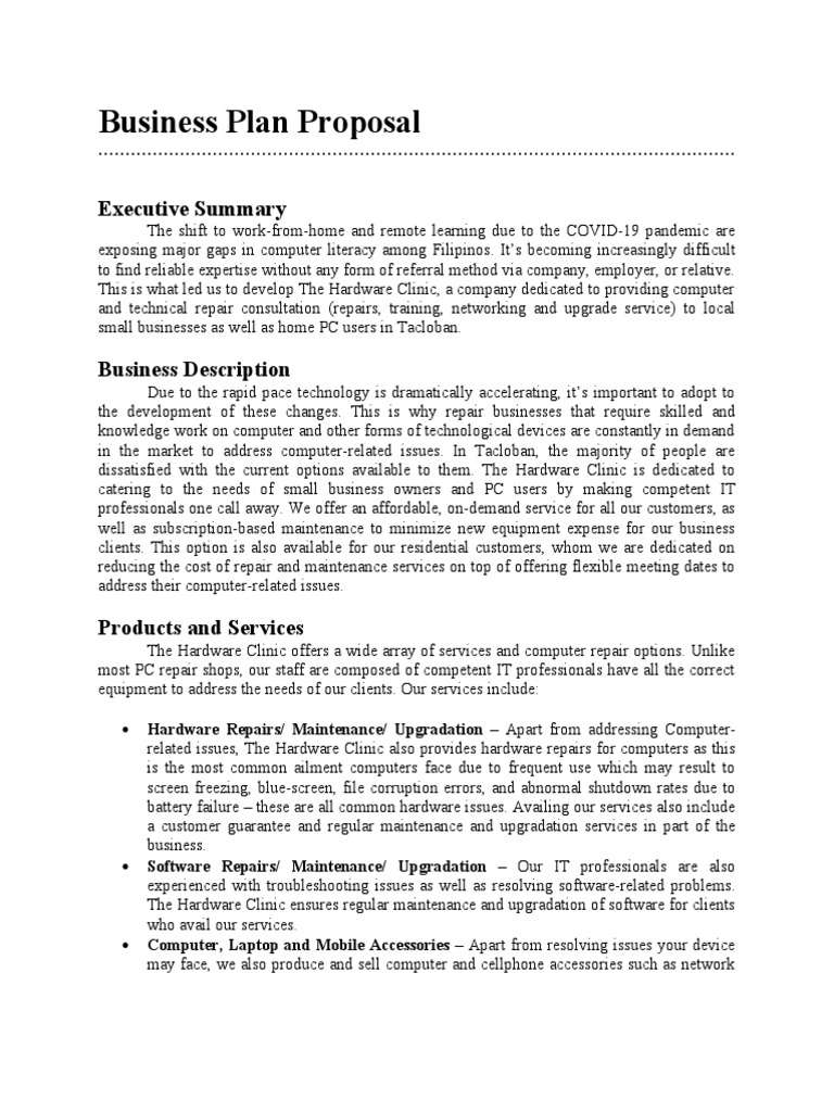Business Plan Proposal | PDF | Computer Hardware | Personal Computers