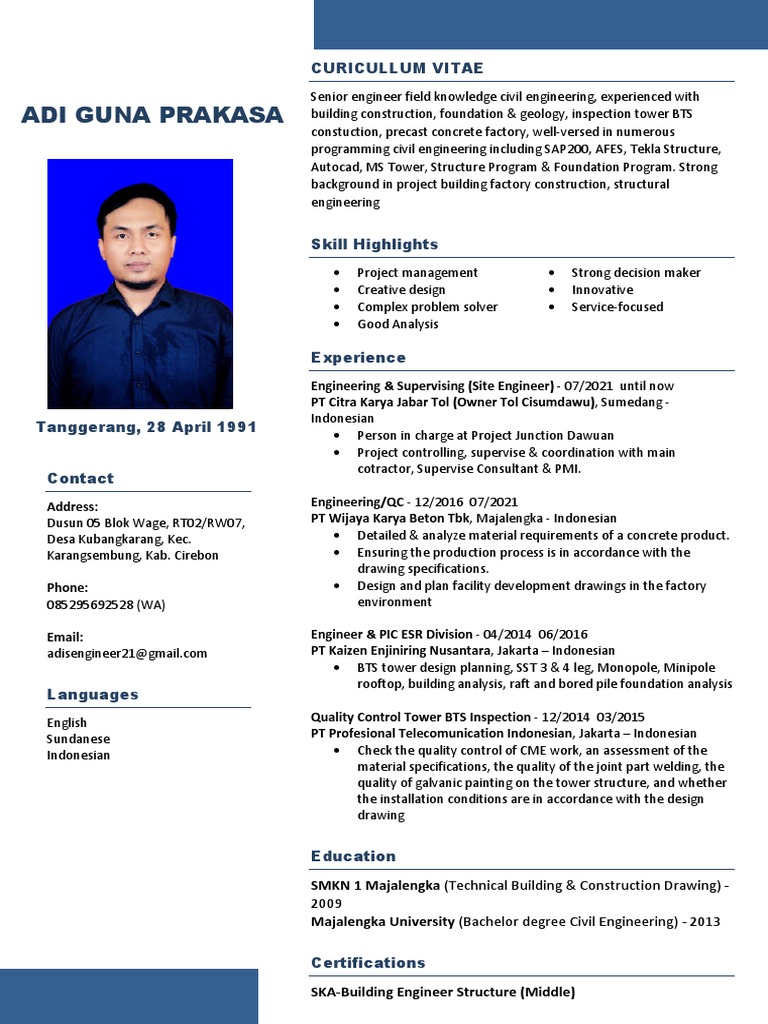CV - Adi Guna Prakasa | PDF | Engineering | Economic Sectors