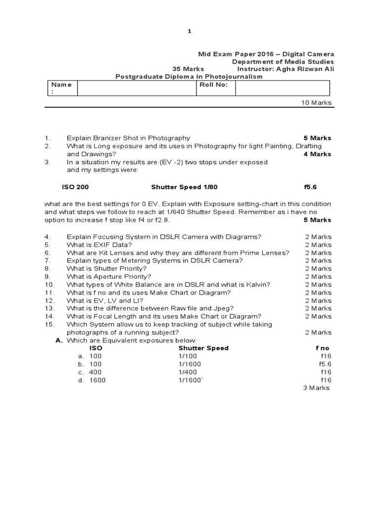 001 PGD Photography Final Exam Paper | PDF | Shutter Speed | Exposure ...
