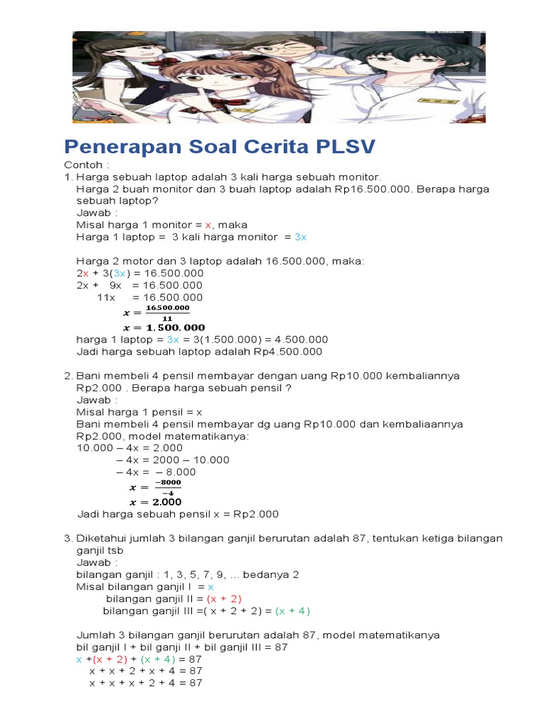 Model Matematika Dan Penerapan Soal Cerita PLSV | PDF