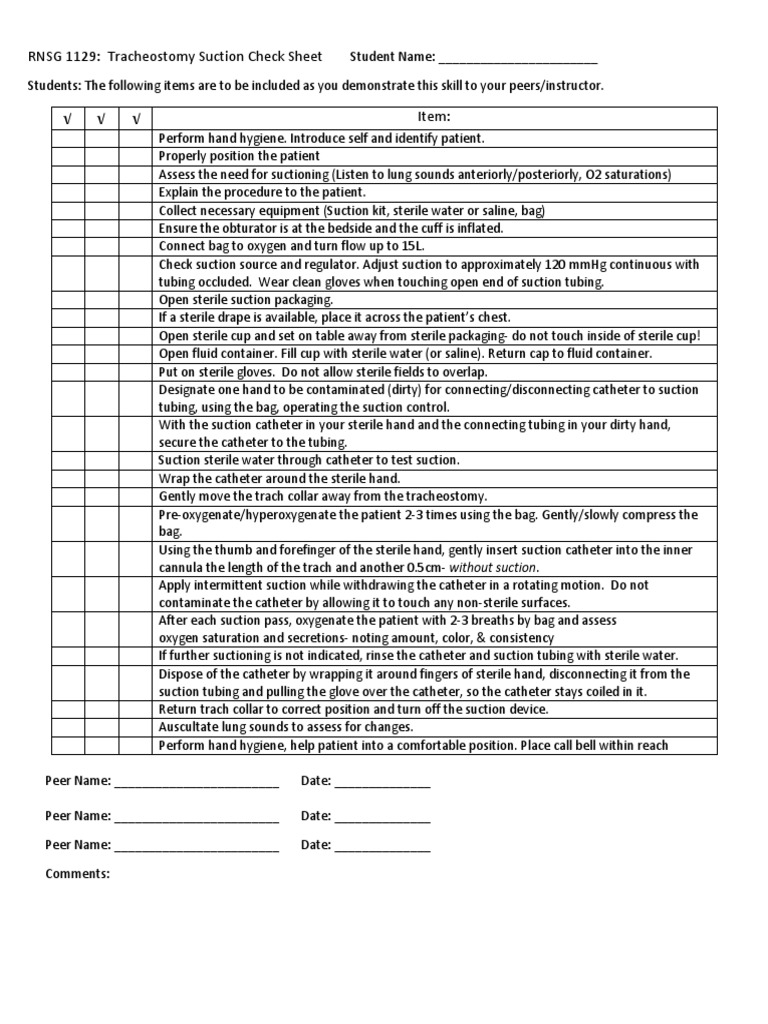 Tracheostomy Suction Check Sheet - Peer | PDF | Catheter | Clinical ...