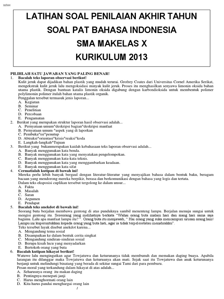 06 Naskah Soal PAT Bhs Ind X | PDF