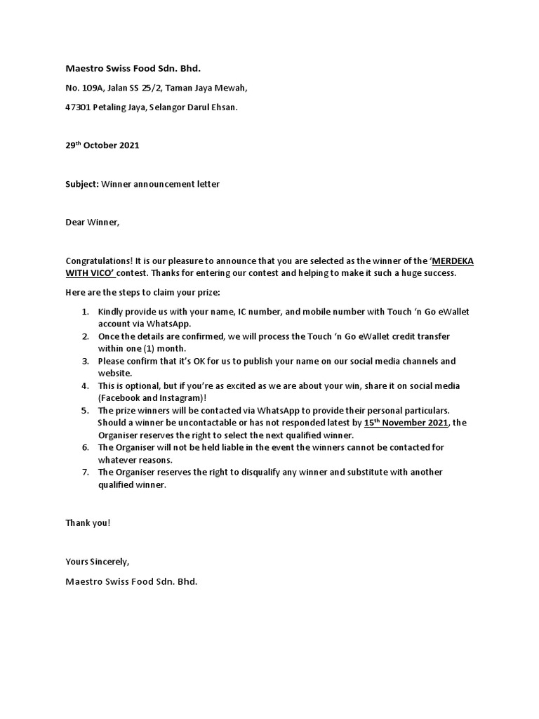 MerdekaWithVico WinnerLetter TNG | PDF