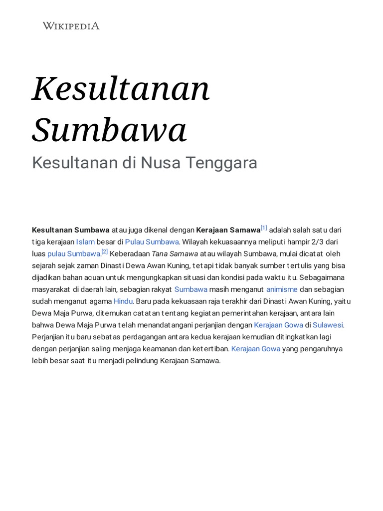 Kesultanan Sumbawa - Wikipedia Bahasa Indonesia, Ensiklopedia Bebas | PDF