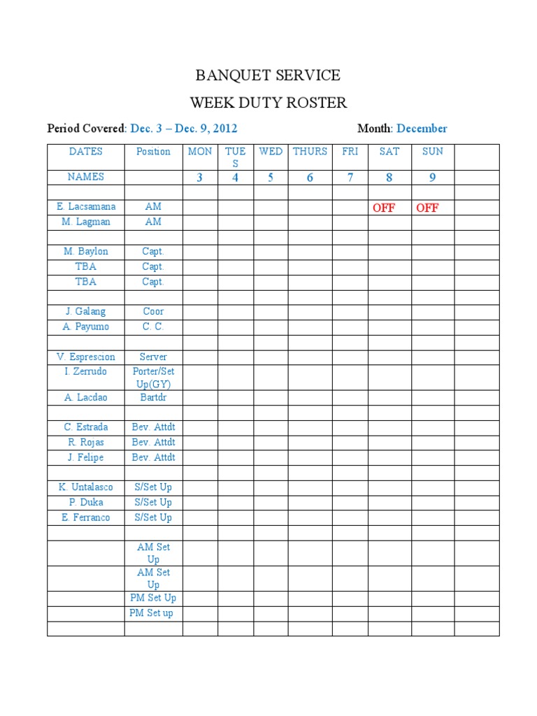 Weekly Duty Roster - Banquet | PDF