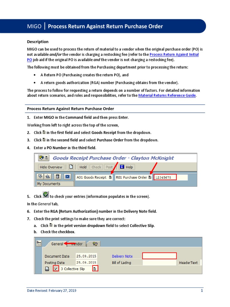 Process Return Against Return Purchase Order: Description | PDF ...