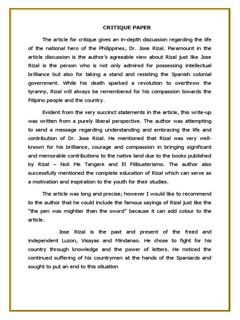 CRITIQUE PAPER Rizal | PDF