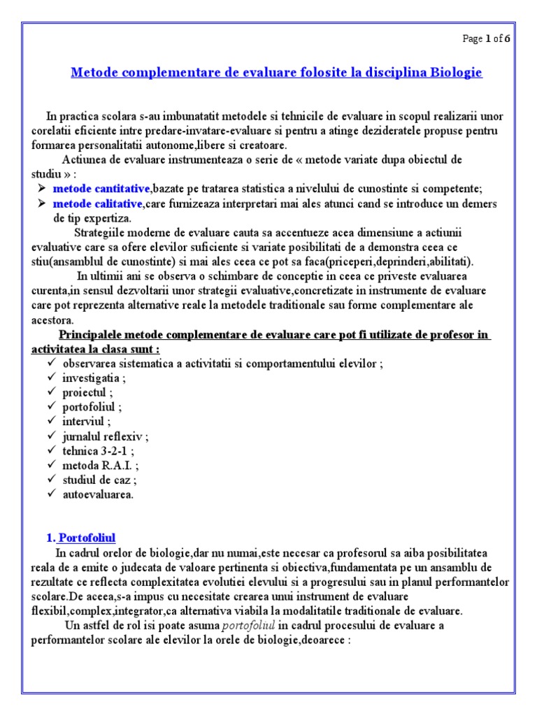 Metode Complementare de Evaluare Folosite La Disciplina Biologie | PDF