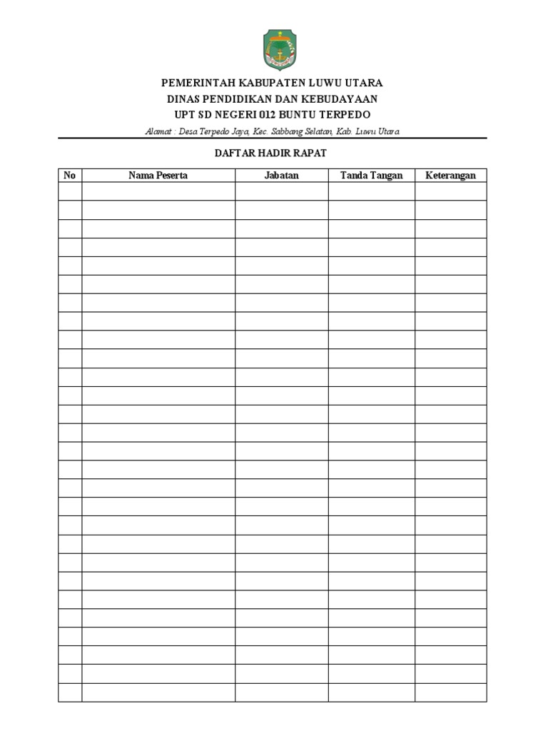 Daftar Hadir Rapat UPT SD 012 Terpedo | PDF