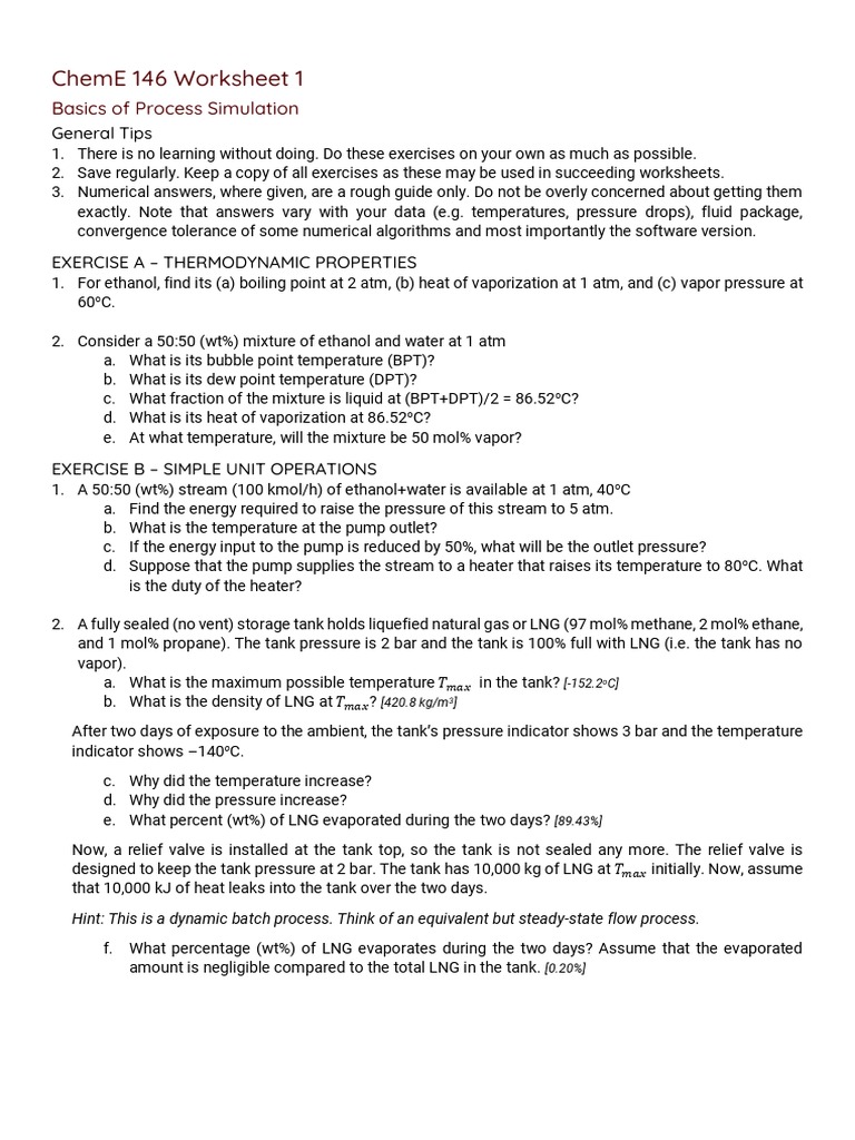 ChemE 146 Worksheet 01 Basics of Process Simulation | PDF | Liquefied ...