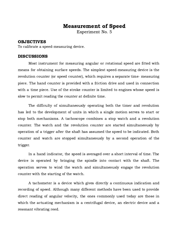 Experiment No. 5 - Measurement of Speed | PDF | Time | Speed