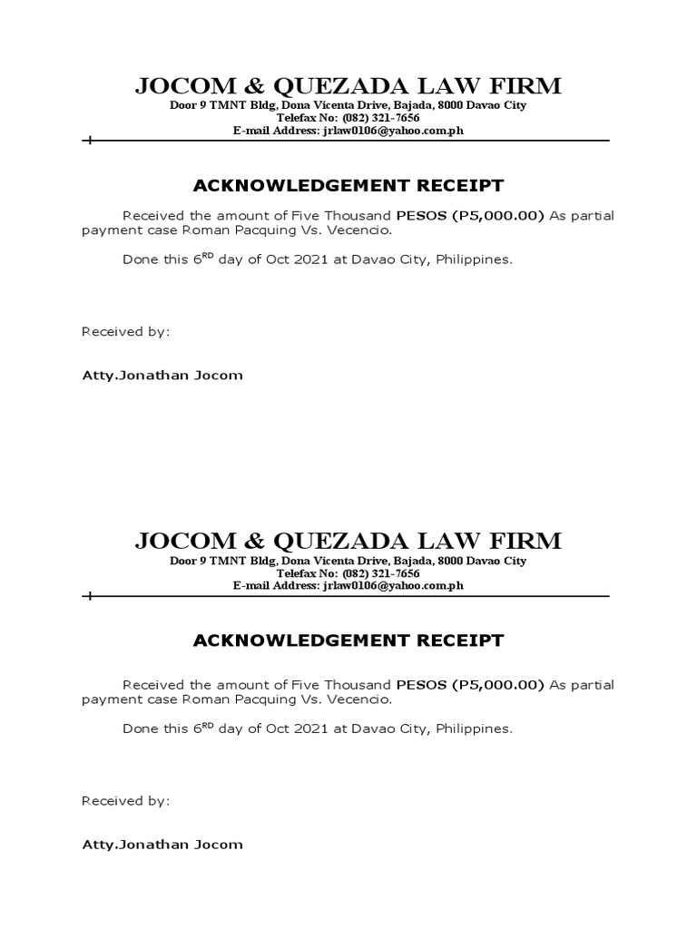 Jocom & Quezada Law Firm: Acknowledgement Receipt | PDF | Law