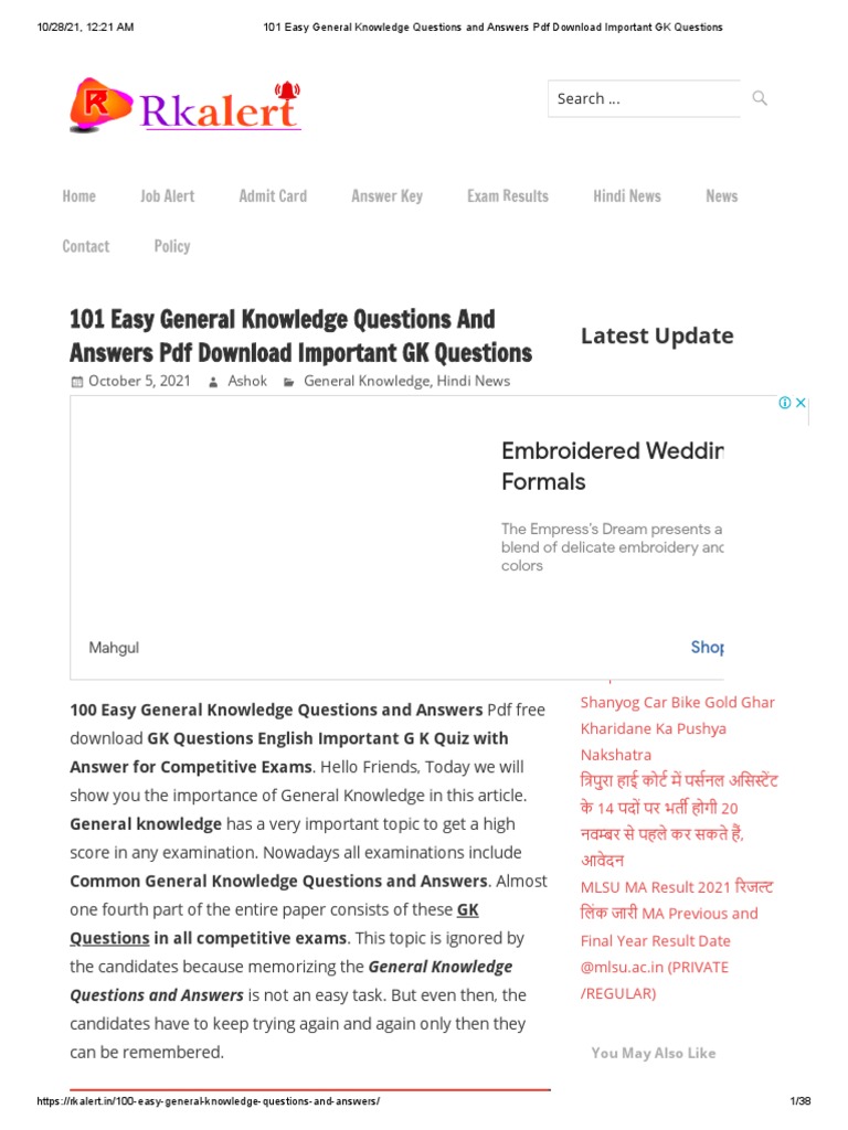 101 Easy General Knowledge Questions and Answers PDF Download Important ...