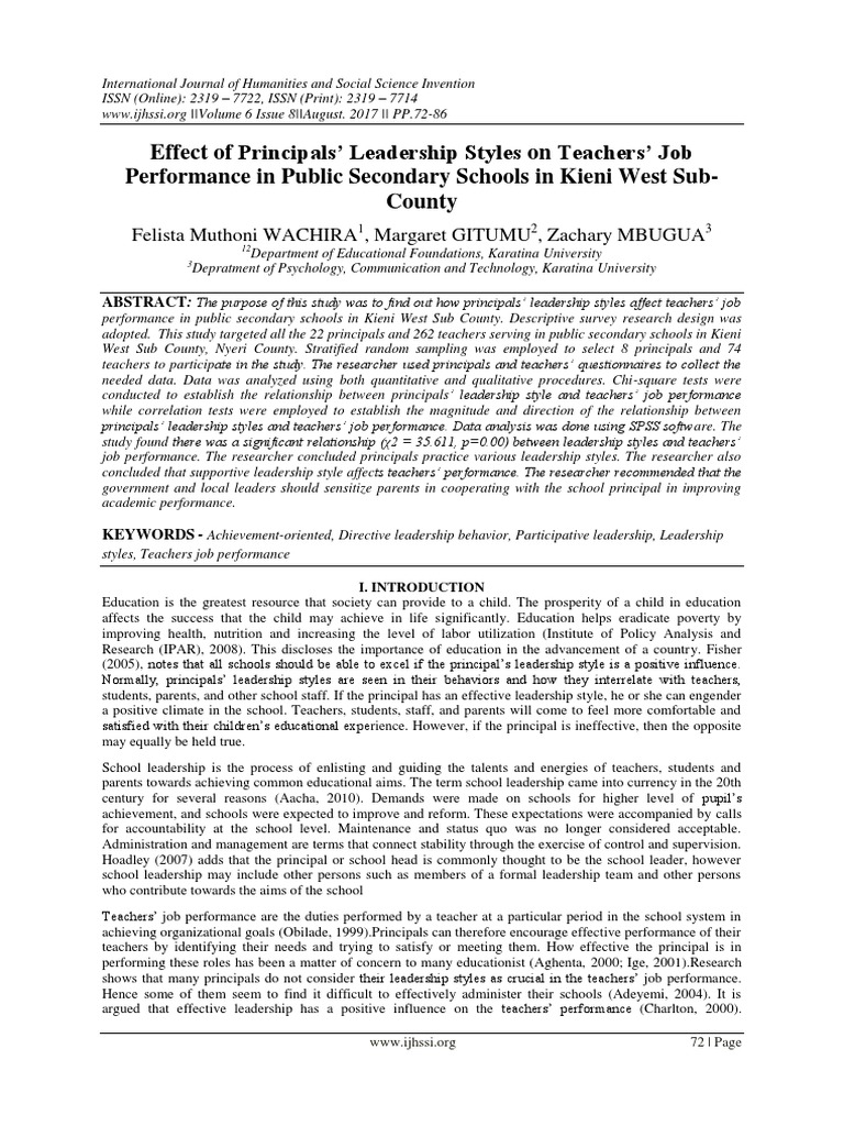 Effect of Principals' Leadership Styles On Teachers' Job Performance in Public Secondary Schools ...