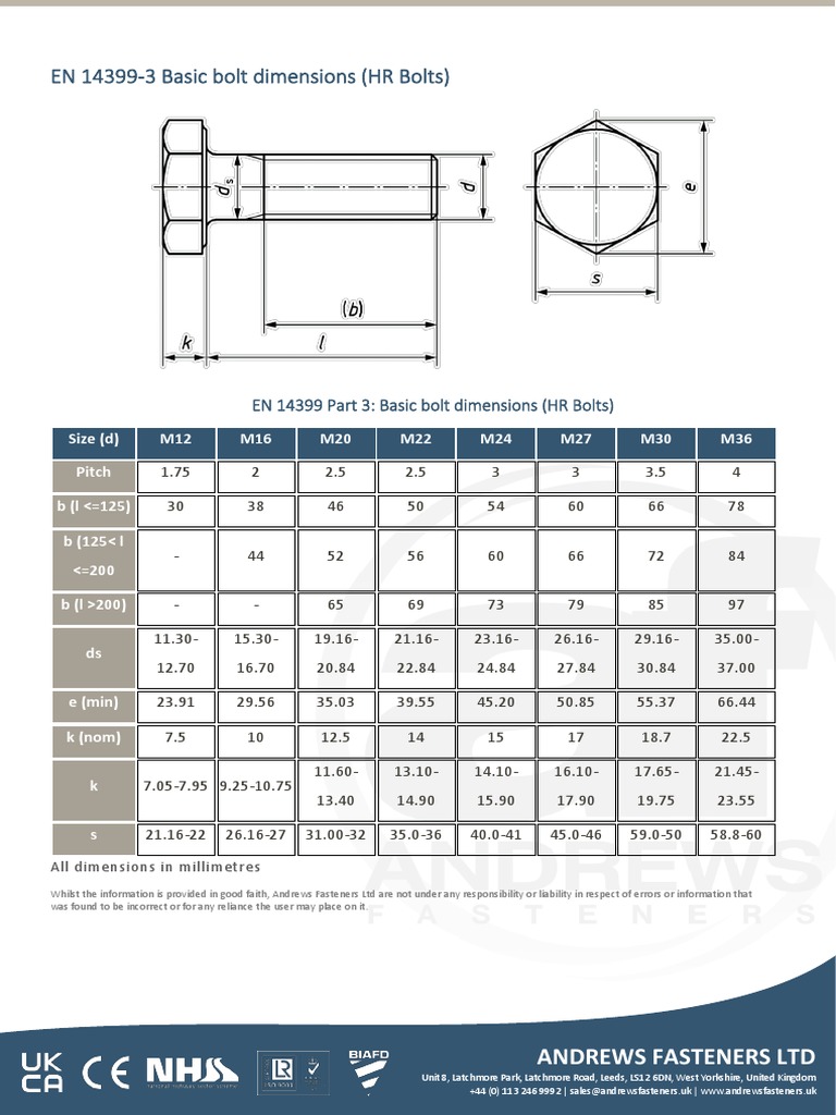 EN 14399-3 Basic Bolt Dimensions (HR Bolts) : Andrews Fasteners LTD | PDF