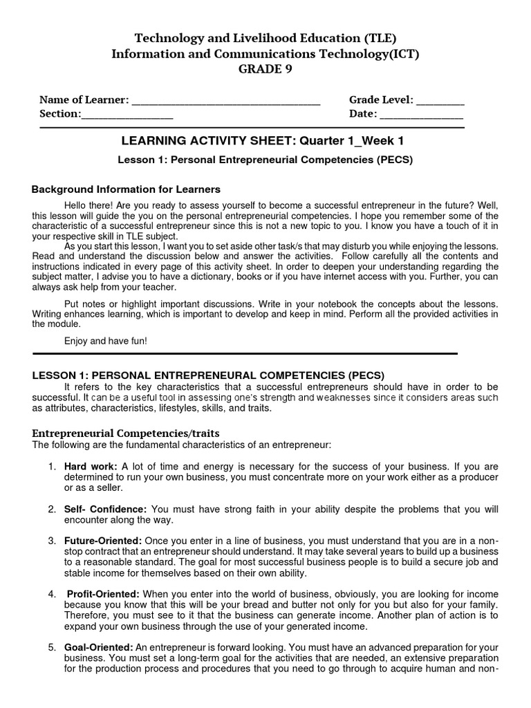 Grade 9 Ict-Wk 1 | PDF | Entrepreneurship | Goal