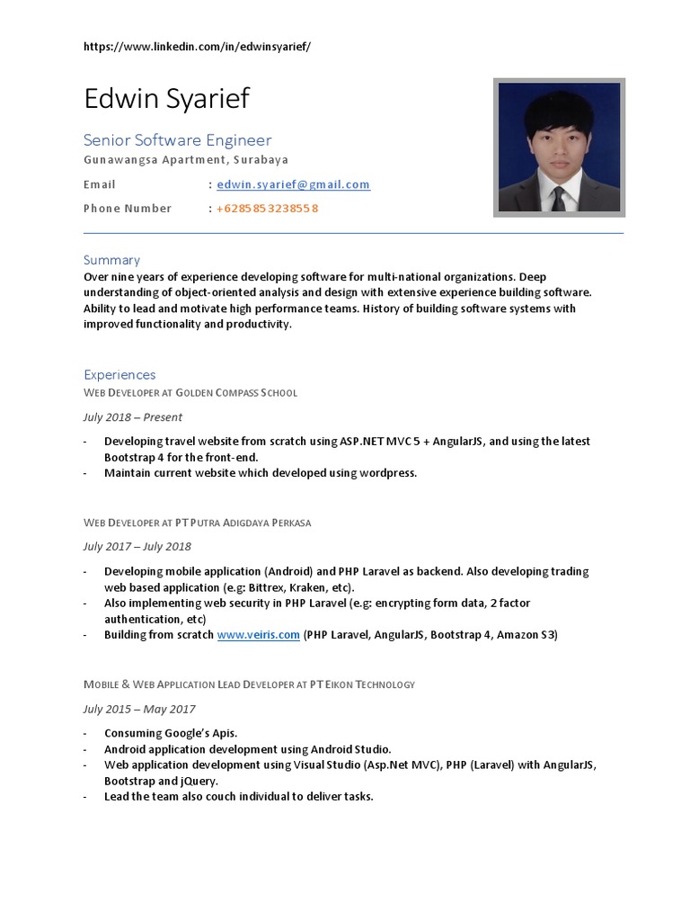 CV Edwin Syarif NetC# | PDF | Angular Js | J Query