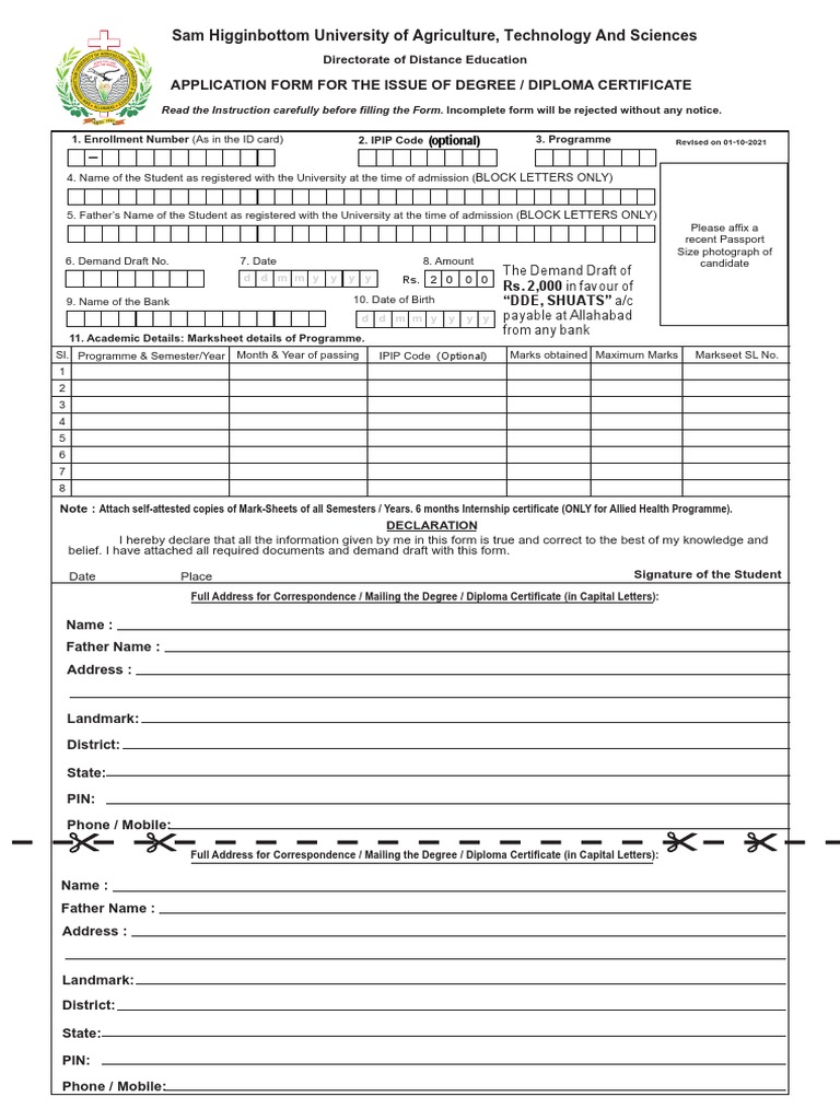 Degree Certificate Application Form | PDF | Postgraduate Education ...