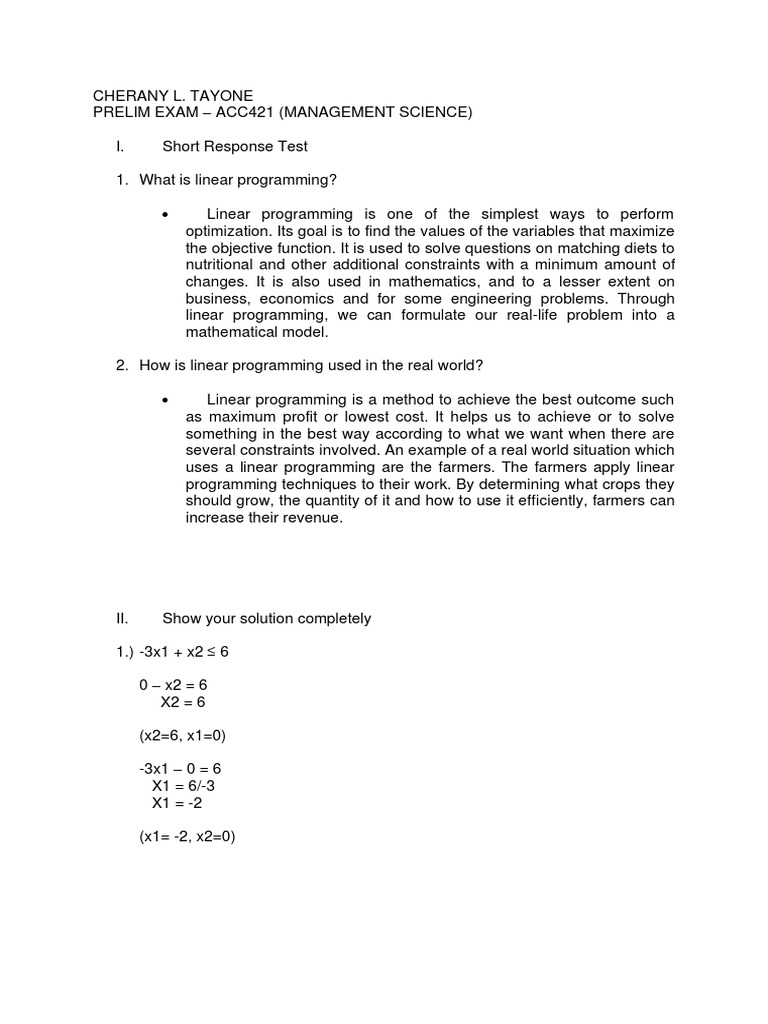 Prelim Exam ACC421 Management Science | PDF
