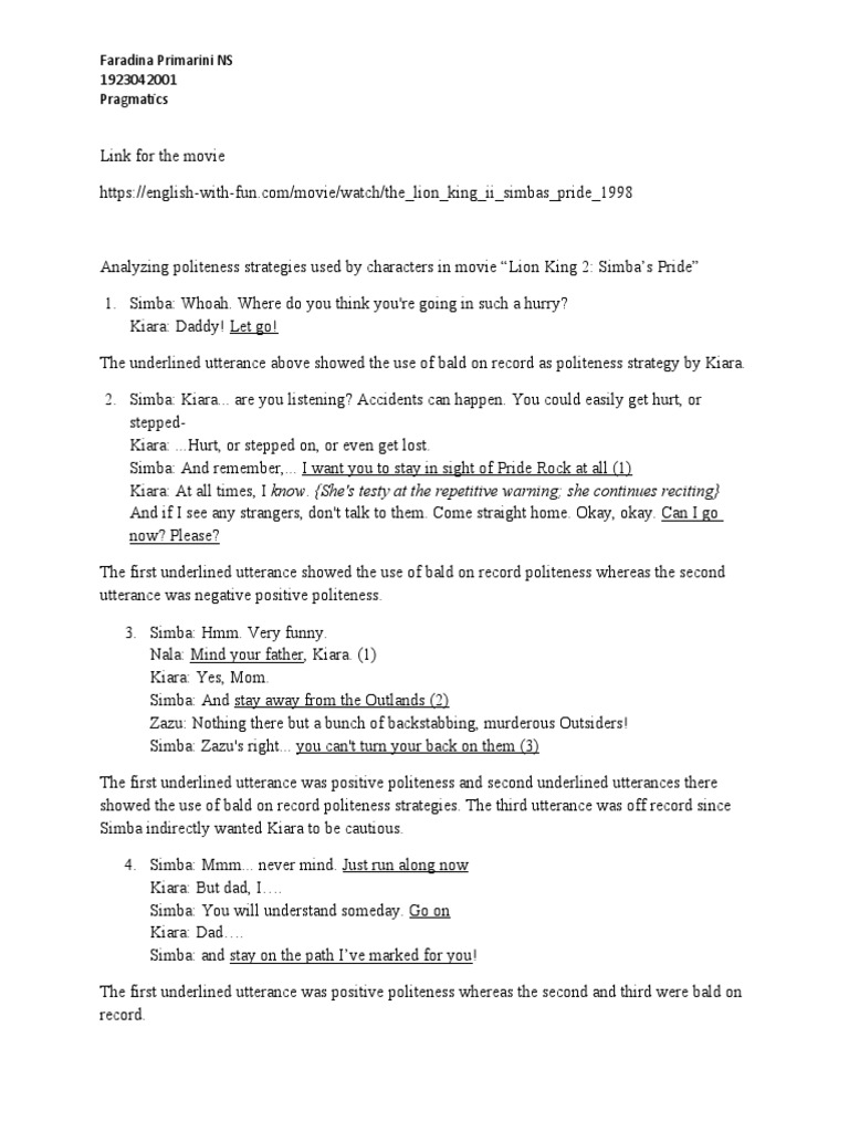Politeness in Lion King 2 | PDF | Musical Theatre Characters
