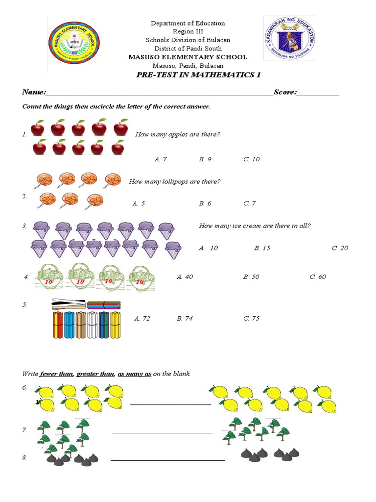Pre-Test - Mathematics 1 | PDF | Mathematics | Notation