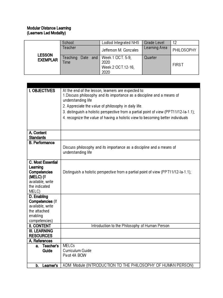Grade 12 Philosophy Lesson Plan | PDF | Reason | Truth