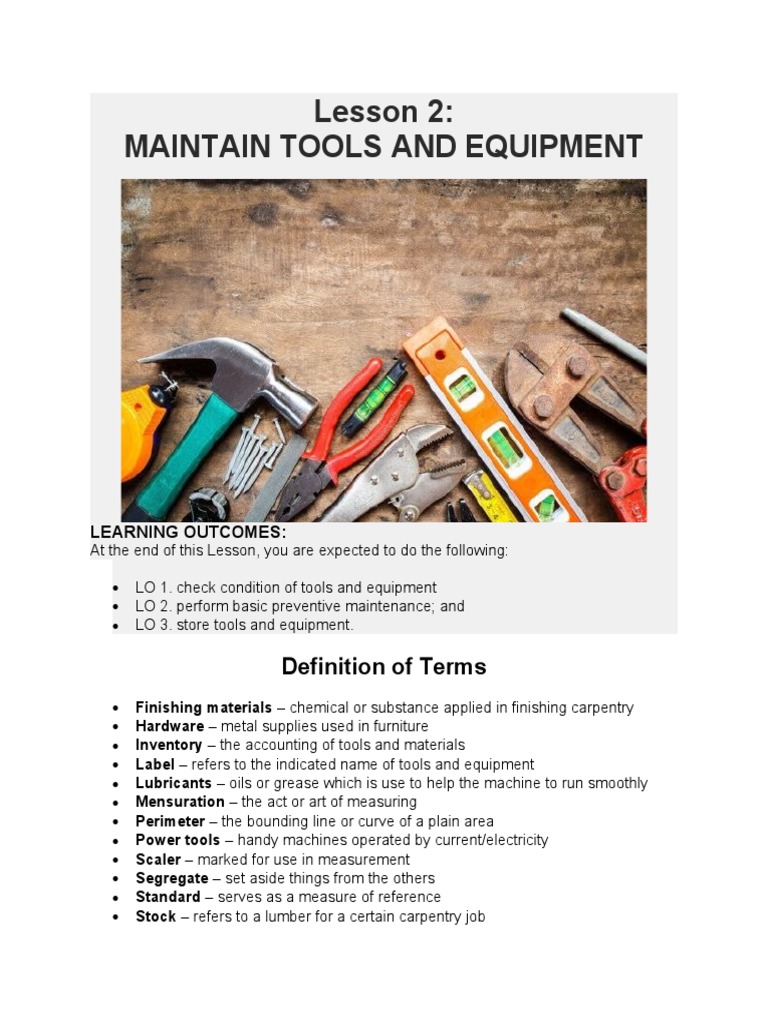 Lesson 2: Maintain Tools and Equipment: Definition of Terms | Download ...