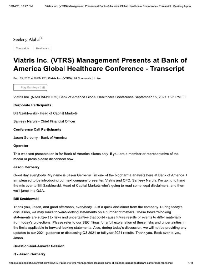 Viatris Inc. (VTRS) Management Presents.. | PDF