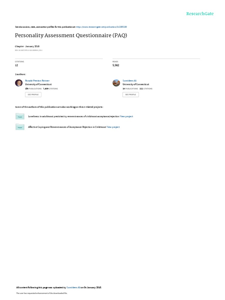 Personality Assessment Questionnaire (PAQ) : January 2016 | PDF | Self ...