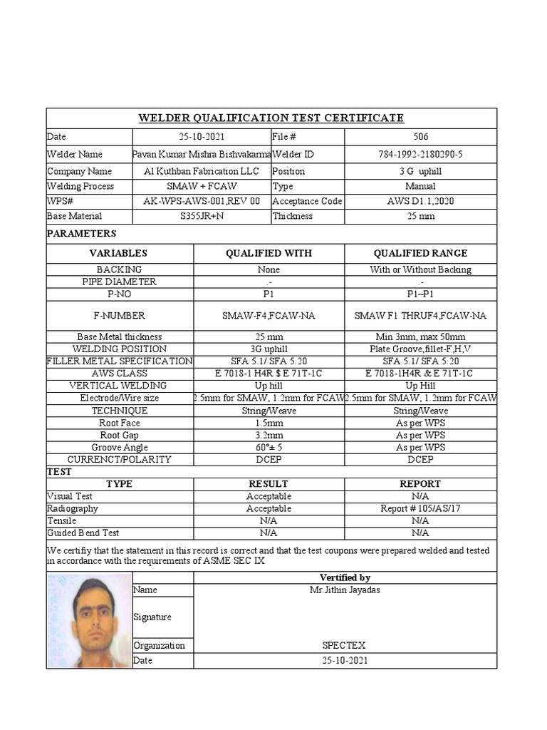 Welder Qualification Test Certificate Parameters Variables Qualified