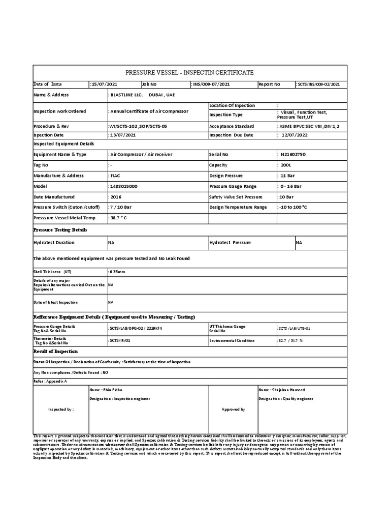Pressure Vessel - Inspectin Certificate | PDF | Mechanical Engineering ...