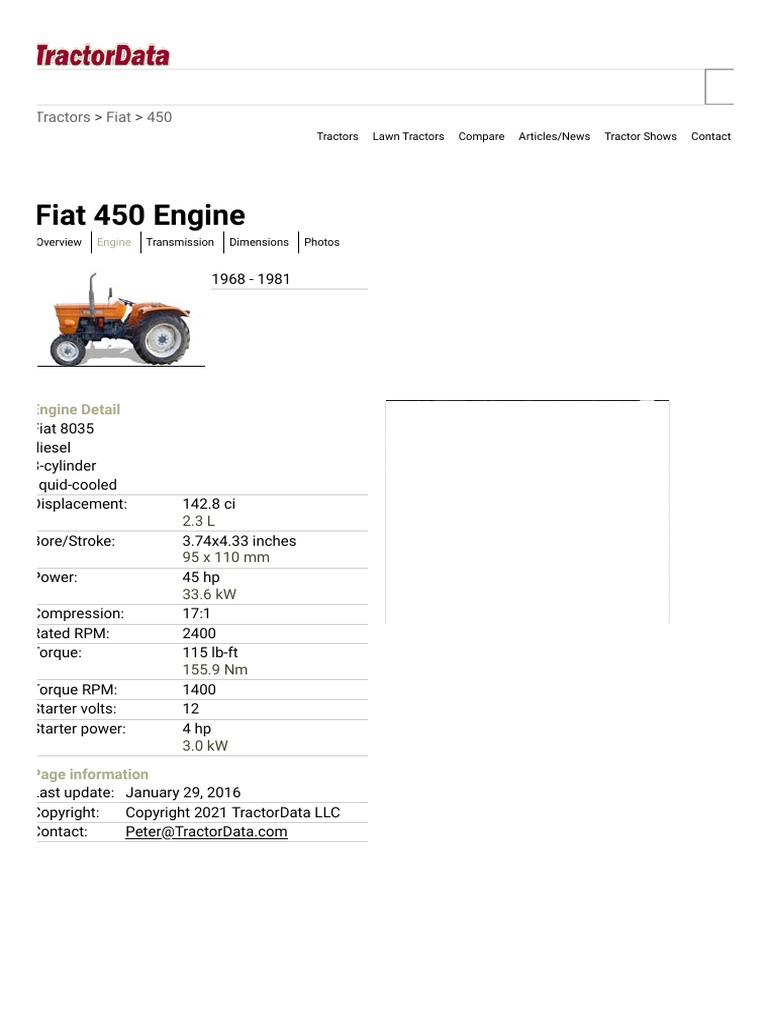 Fiat 450 Tractor Engine 8035 Information | PDF