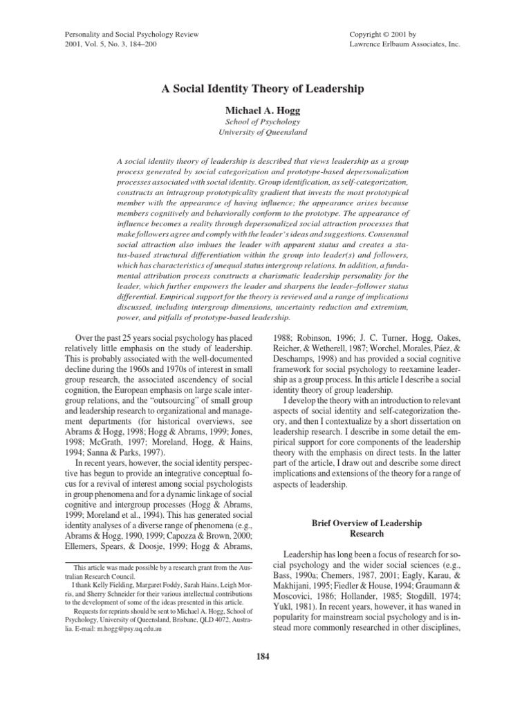 A Social Identity Theory of Leadership | PDF | Social Group | Leadership