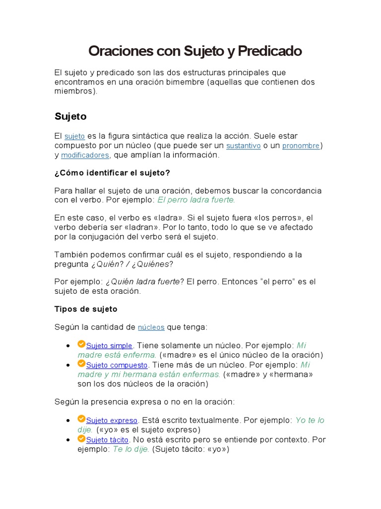 Oraciones Con Sujeto y Predicado 1 | PDF | Asunto (gramática) | Verbo