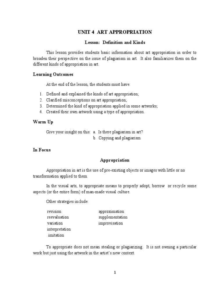 Unit 4 Art Appropriation: Lesson: Definition and Kinds | PDF | Plagiarism | Learning