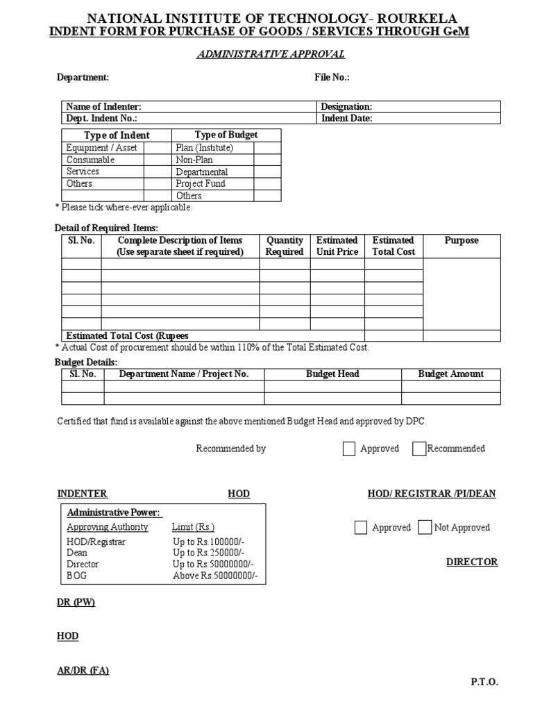 Indent Form For Purchase of Goods / Services Through Gem | PDF | Budget ...
