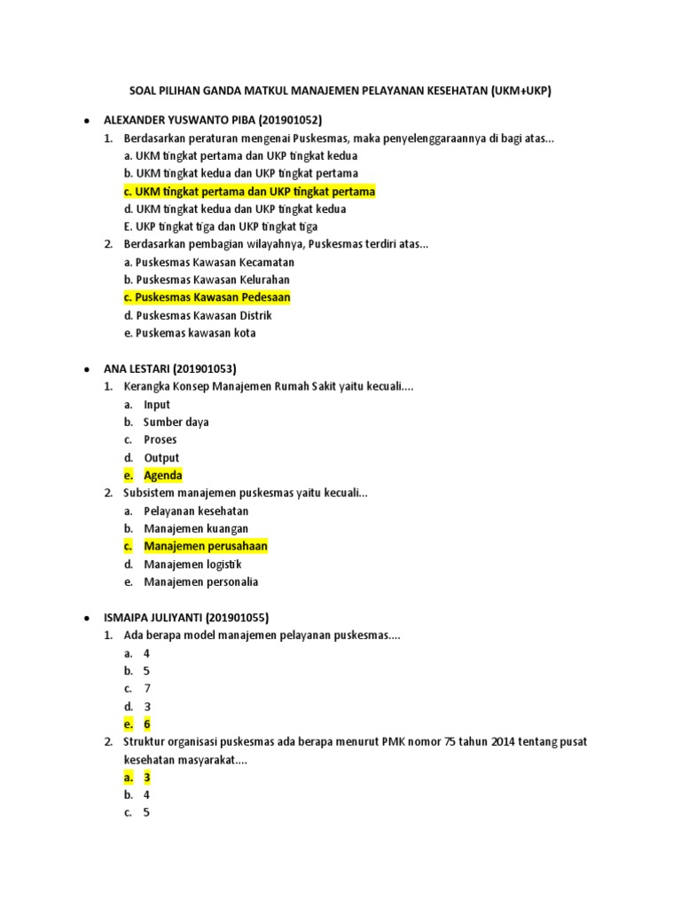 Soal Pilgan Kelas Ars B19 - Matkul Manajemen Pelayanan Kesehatan | PDF