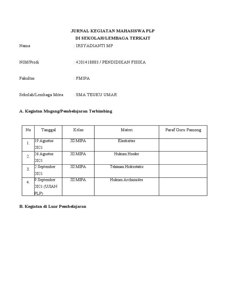 Jurnal Kegiatan Mahasiswa PLP Di Sekolah | PDF