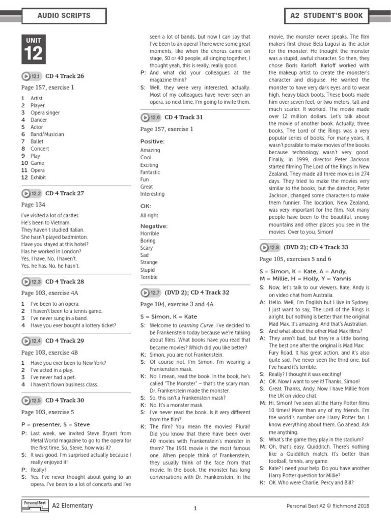 PB AmE A2 SB Audioscript U12 | PDF | Bart Simpson | Pride And Prejudice